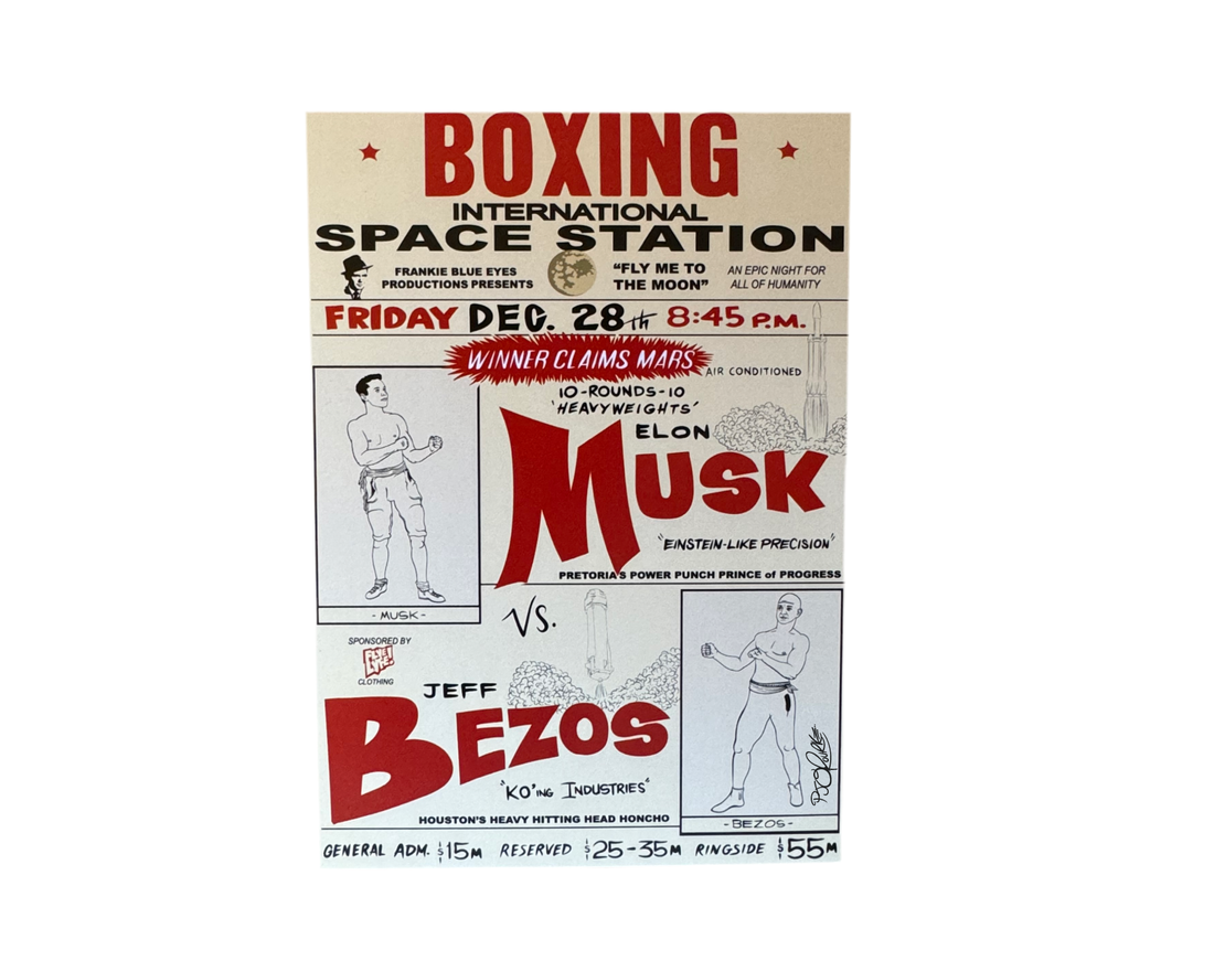 Elon Musk vs. Jeff Bezos post card – PJ O'Rourke